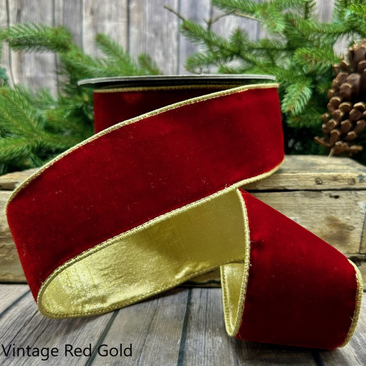 2.5" x 10yds VP lush velvet metallic light gold back, vintage red – The ...